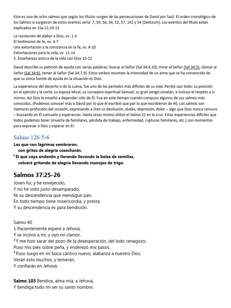 Este Es Uno de Ocho Salmos Que Según Los Títulos Surgen de Las Persecuciones de David Por Saúl ...
