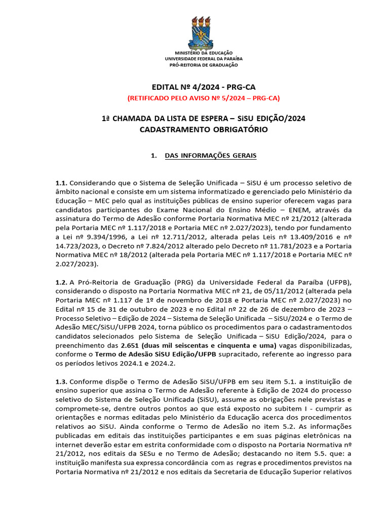 Edital Chamada Lista de Espera 2024 Retificado | PDF
