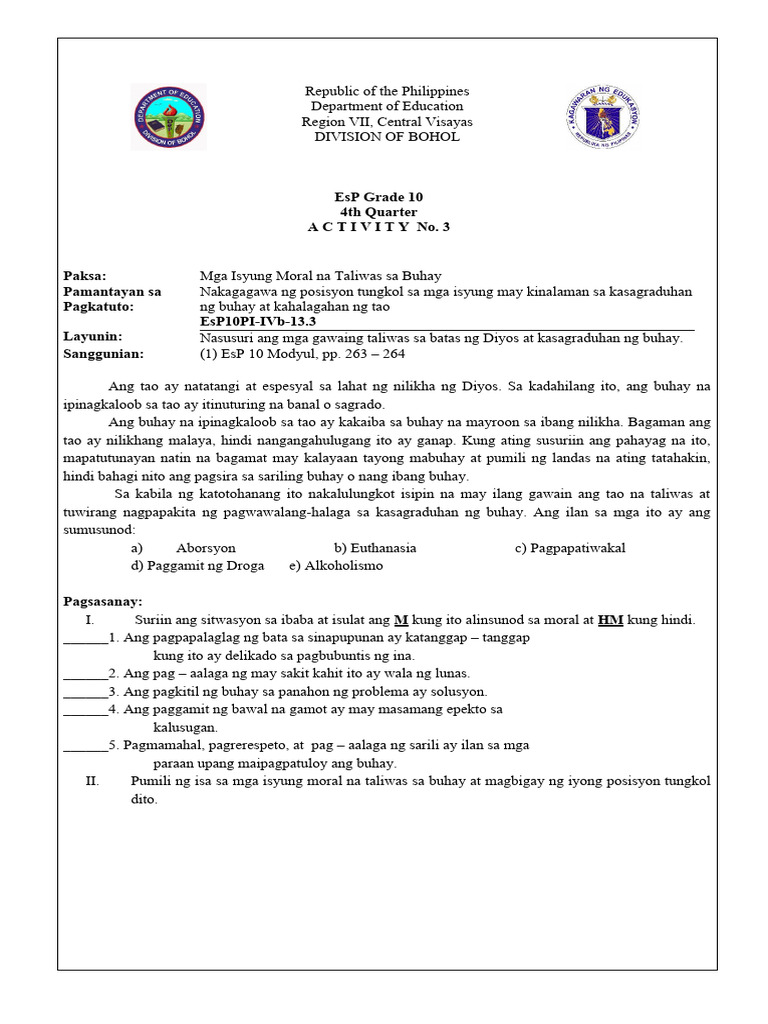Esp Grade 10 4Th Quarter Activity No.3 | PDF