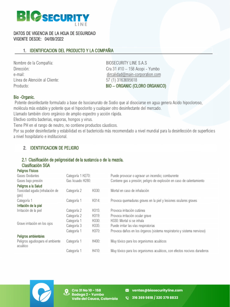 MSDS Bio-Organic - Cloro Organico | PDF | Cloro | Agua