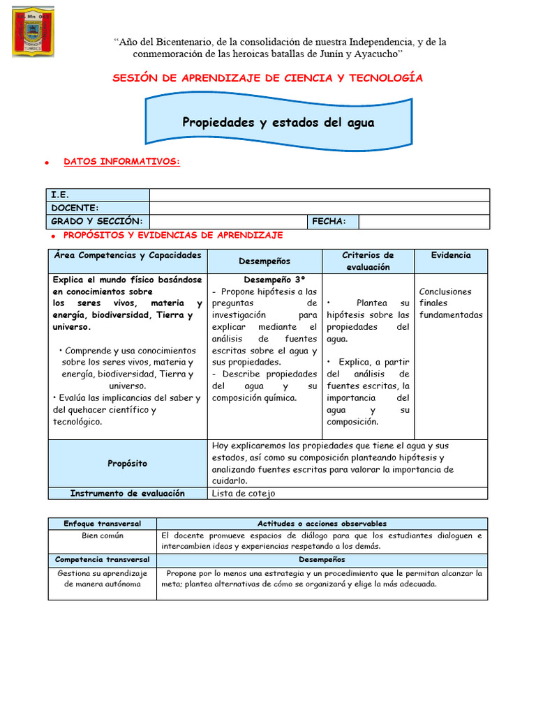 3° Ses Cyt Mart 19 Propiedades y Estado Del Agua | PDF | Agua | Aprendizaje