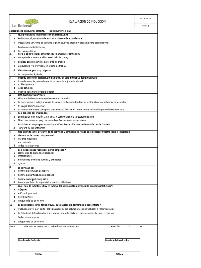 Evaluación de Inducción | PDF