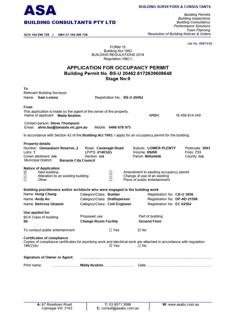 Application For Occupancy Permit (Not Signed) 1 | PDF