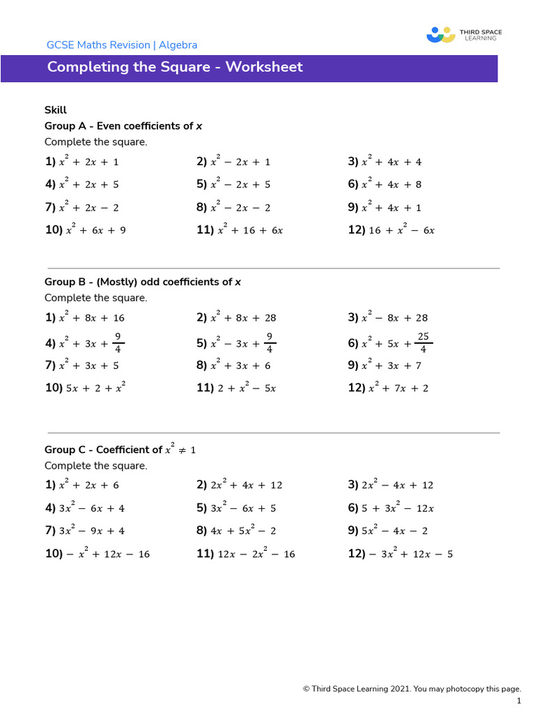 Third Space Learning Completing The Square Gcse Worksheet Pdf