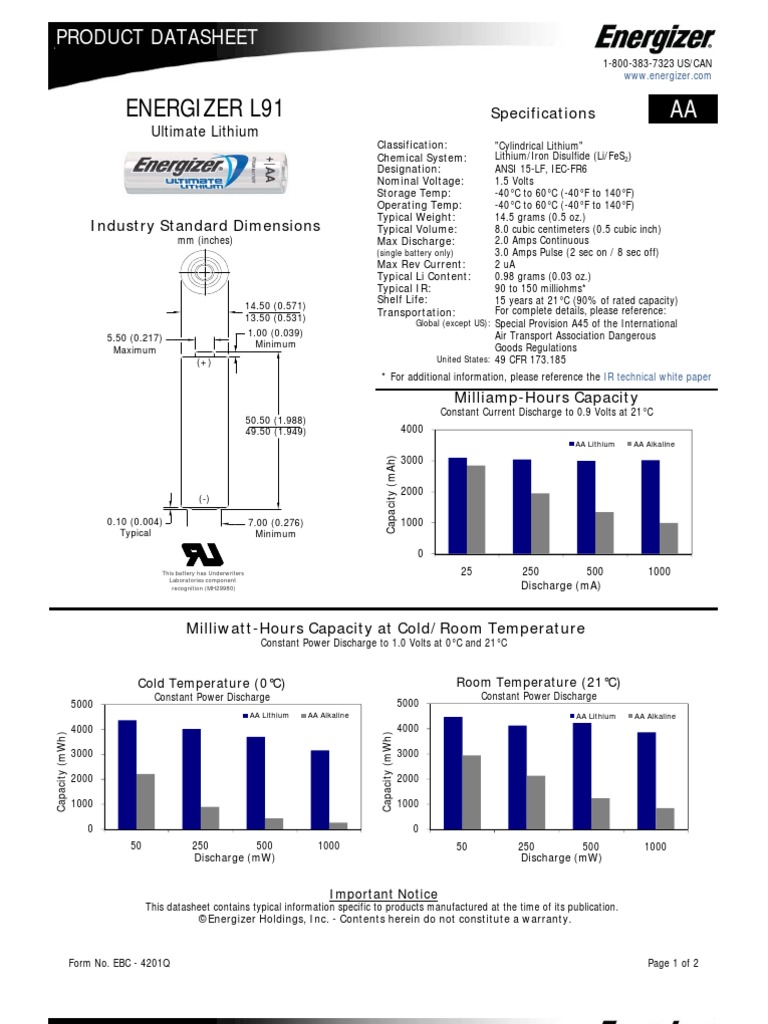 Energizer l91 Datasheet | PDF | Battery (Electricity) | Lithium