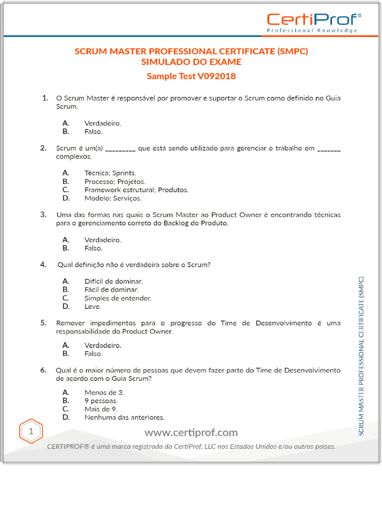 SCRUM MASTER PROFESSIONAL CERTIFICATE (SMPC) SIMULADO DO EXAME Sample ...
