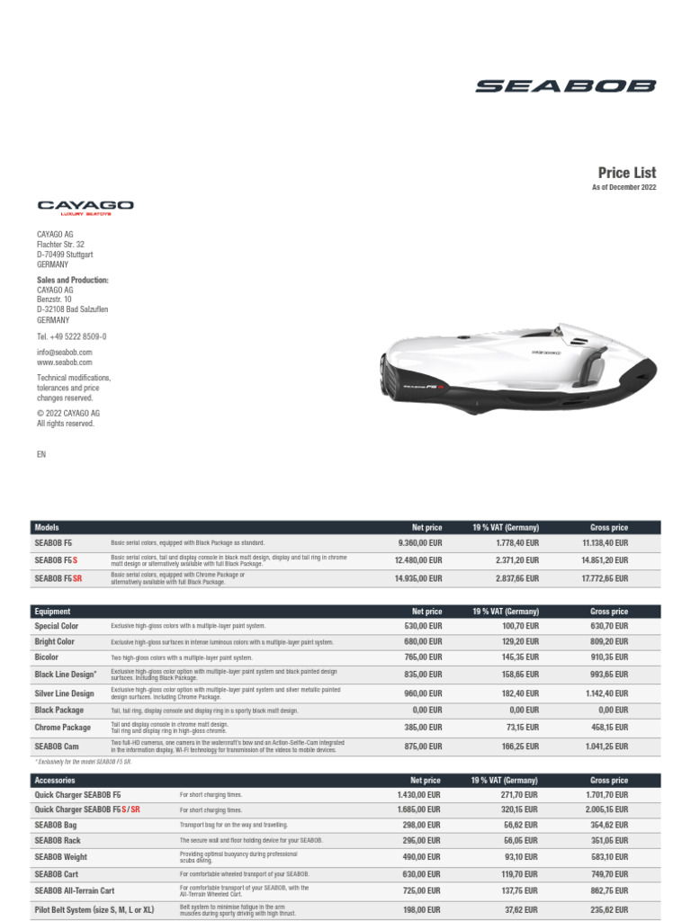 2022 11 22 Seabob Price List Euro en 1 | PDF | Euro | Car