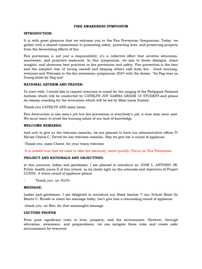 Fire Awareness Symposium Emcee Script | PDF | Emergency Management