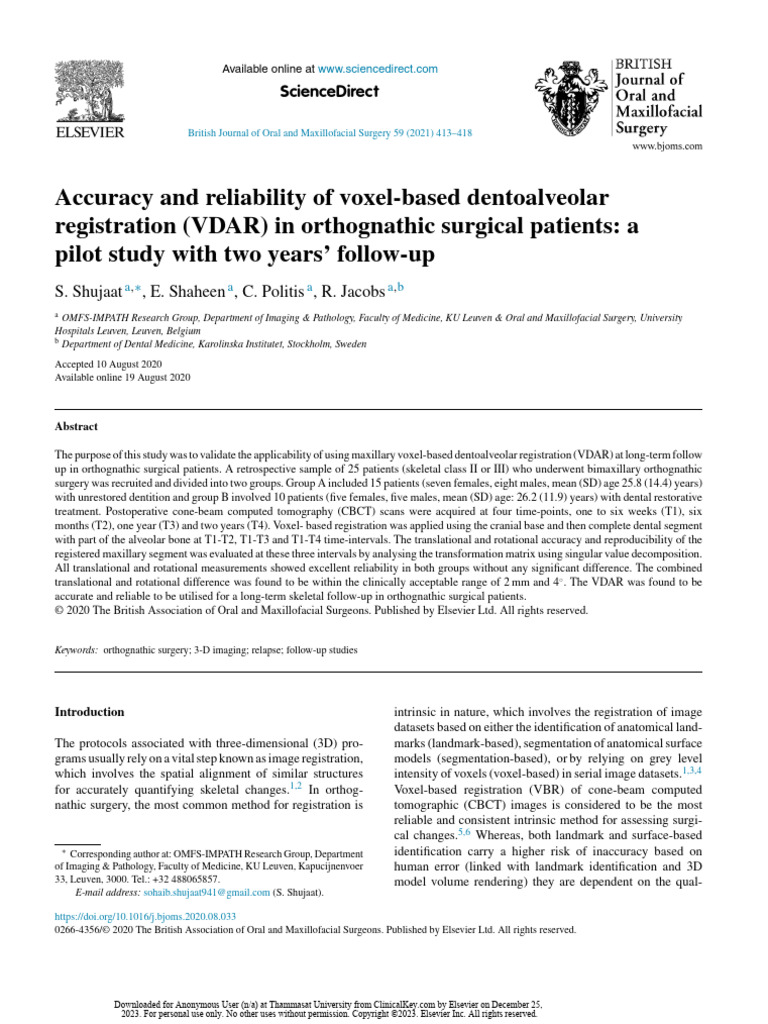 Accuracy and Reliability of Voxel-Based Dentoalveolar Registration (VDAR) in Orthognathic ...