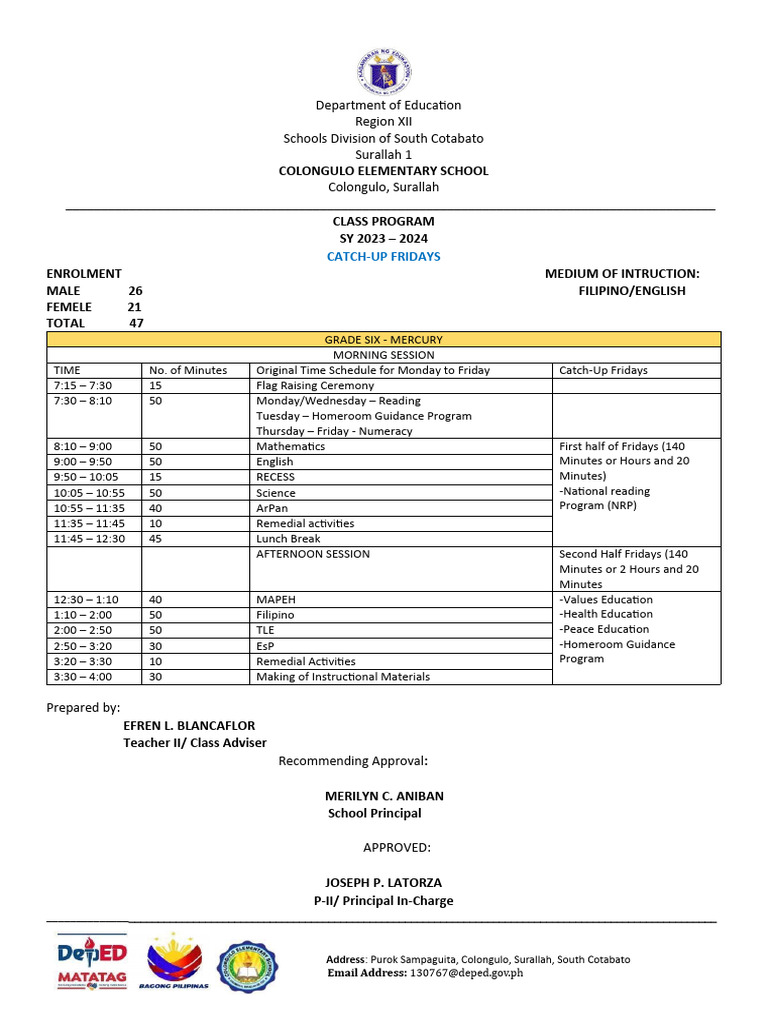 Catch Up Friday Class Program | PDF | Educational Organizations | Educational Institutions