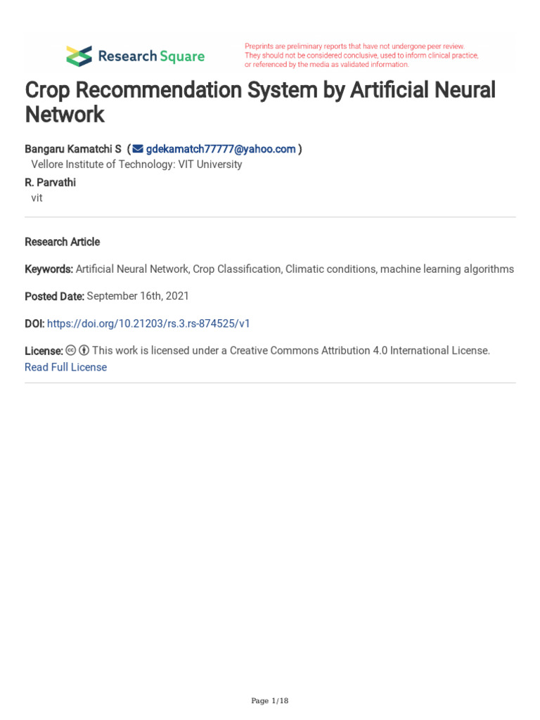 Crop Recommendation System by Artificial Neural Ne | PDF | Machine Learning | Data