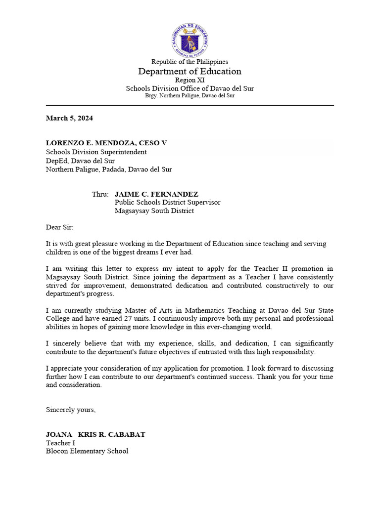 Letter of Intent for Teacher II Promotion | PDF