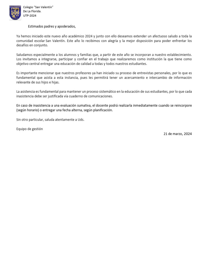 Comunicación Apoderados 1 | PDF