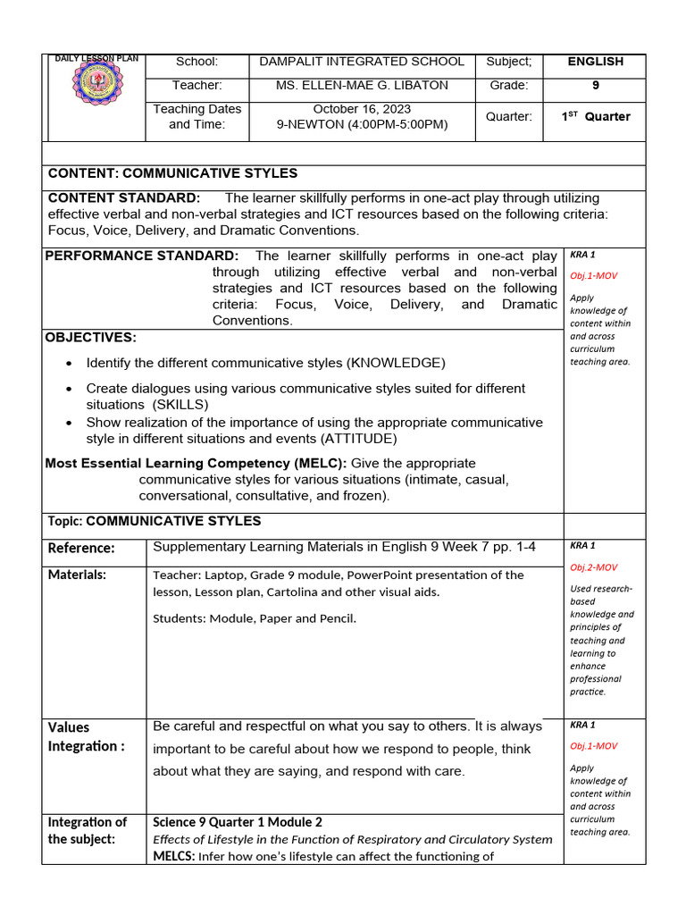 Q1 Cot LP Eng 9 Final | PDF | Learning | Teachers