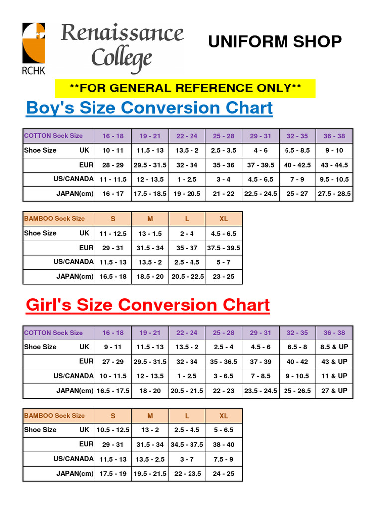 Sock Shoe Sizes Cross Reference | PDF