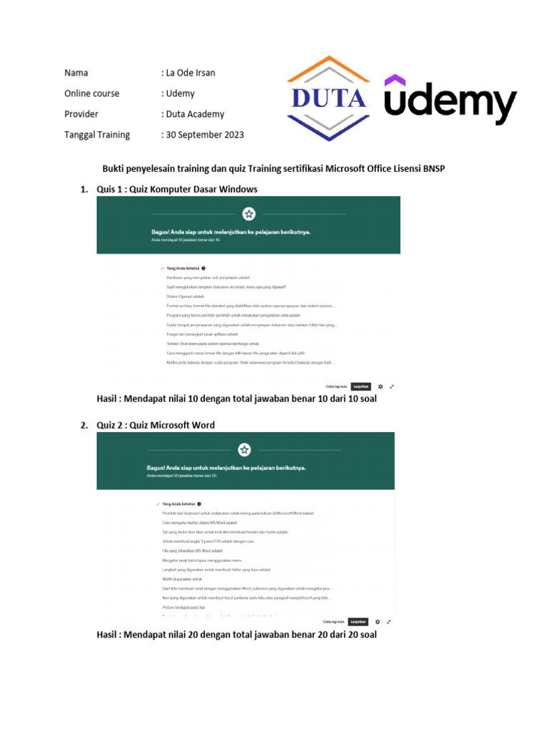 Bukti Penyelesain Training Dan Quiz Training Sertifikasi Microsoft Office Lisensi BNSP La Ode ...