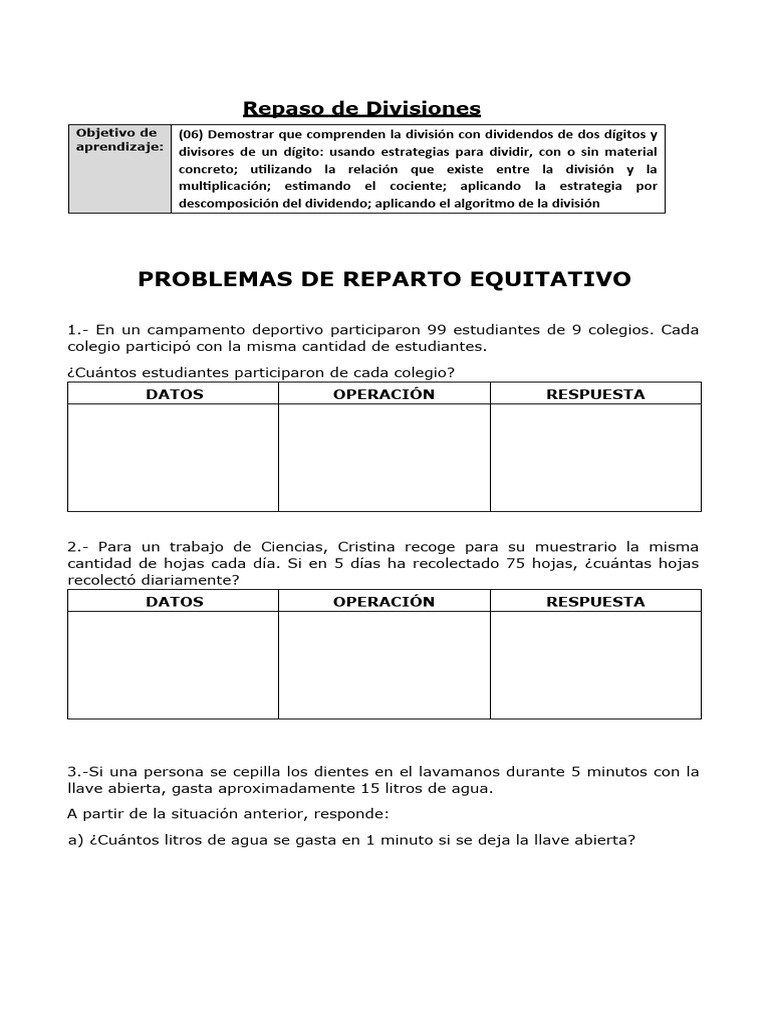Repaso de Divisiones y Problemas Matemáticos | PDF | División ...