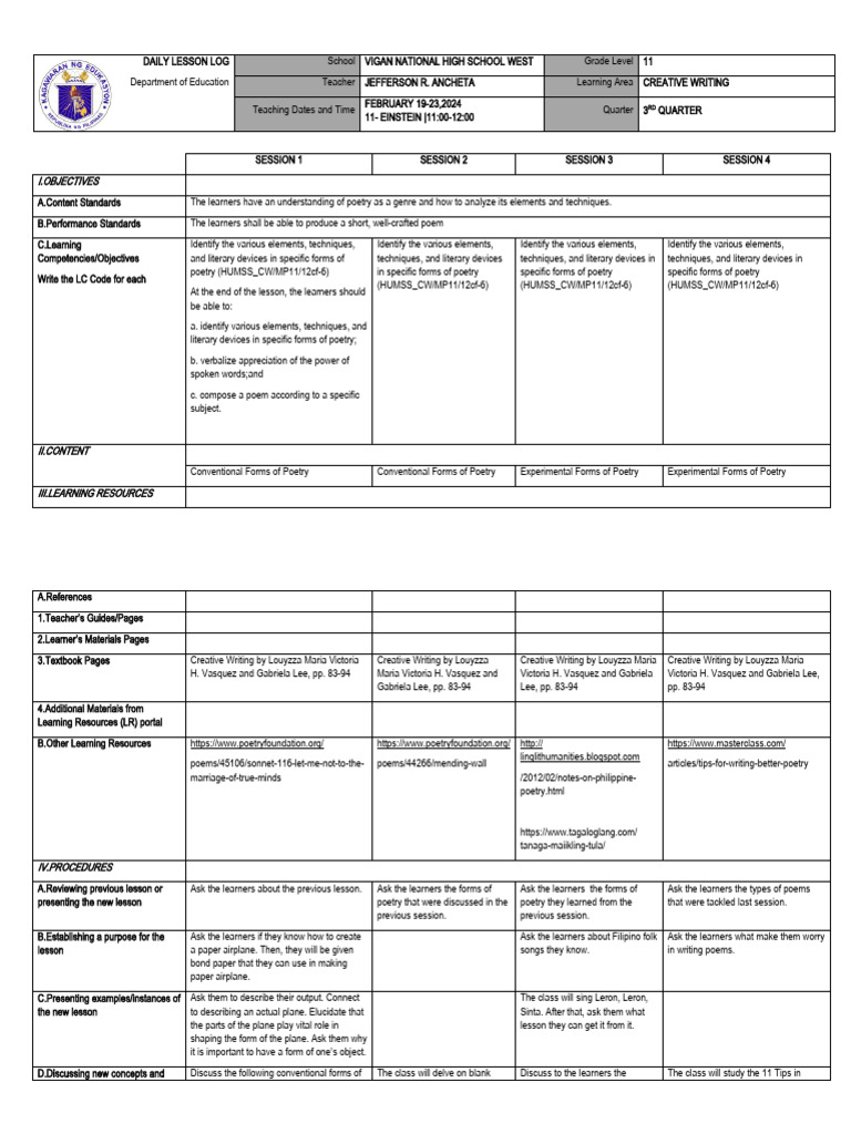 Creative Writing Lesson Plan: Poetry Analysis | PDF | Poetry | Learning