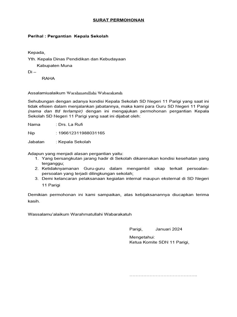 Surat Permohonan Pergantian Kepala Sekolah | PDF