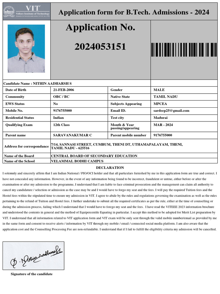 Application No. 2024053151: Application Form For B.Tech. Admissions - 2024 | PDF