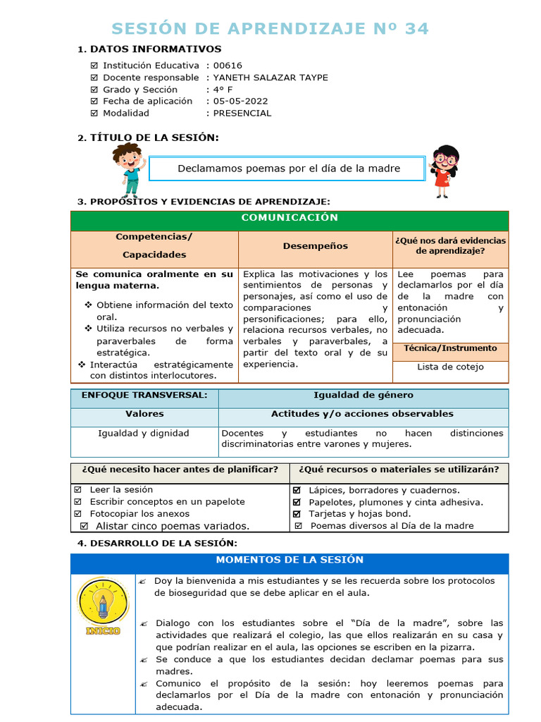 Sesión de Aprendizaje 34 Jueves 05-05-22 | PDF | Aprendizaje