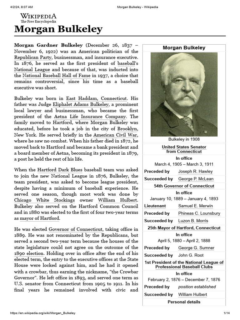 Morgan Gardner Bulkeley (December 26, 1837 | PDF