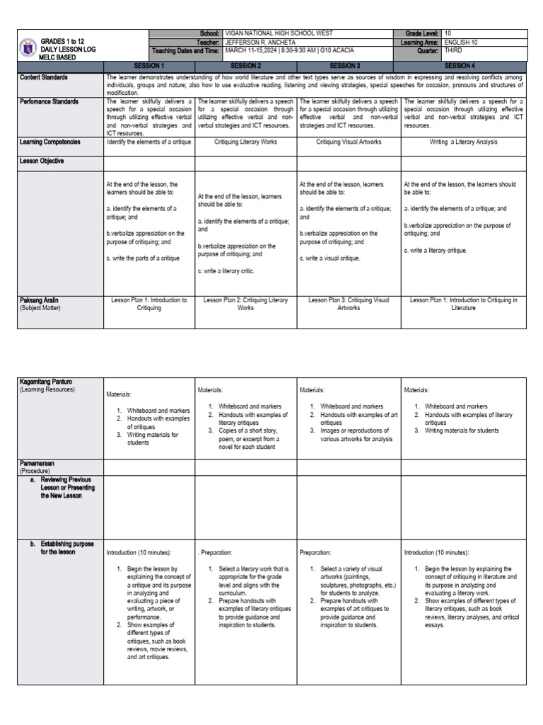 English 10 Daily Lesson Log: Critiquing | PDF | Educational Technology ...