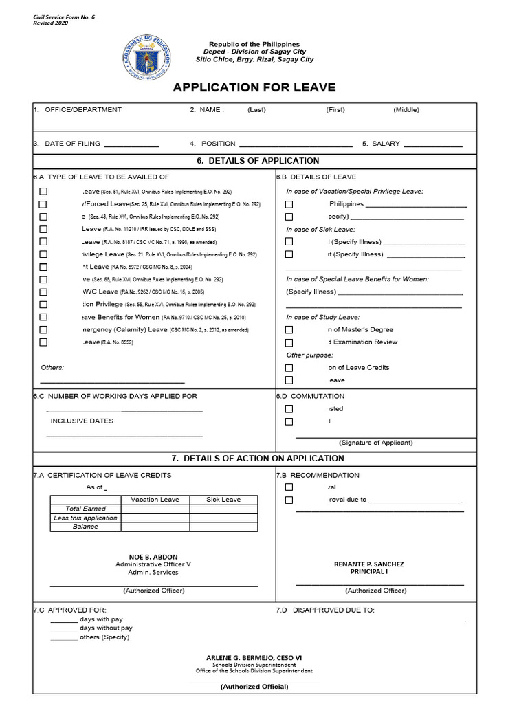 CS Form No. 6 Revised 2020 Application For Leave Fillable 1 | PDF ... CS Form No. 6 Revised 2020 Application For Leave Fillable 1 | PDF ...