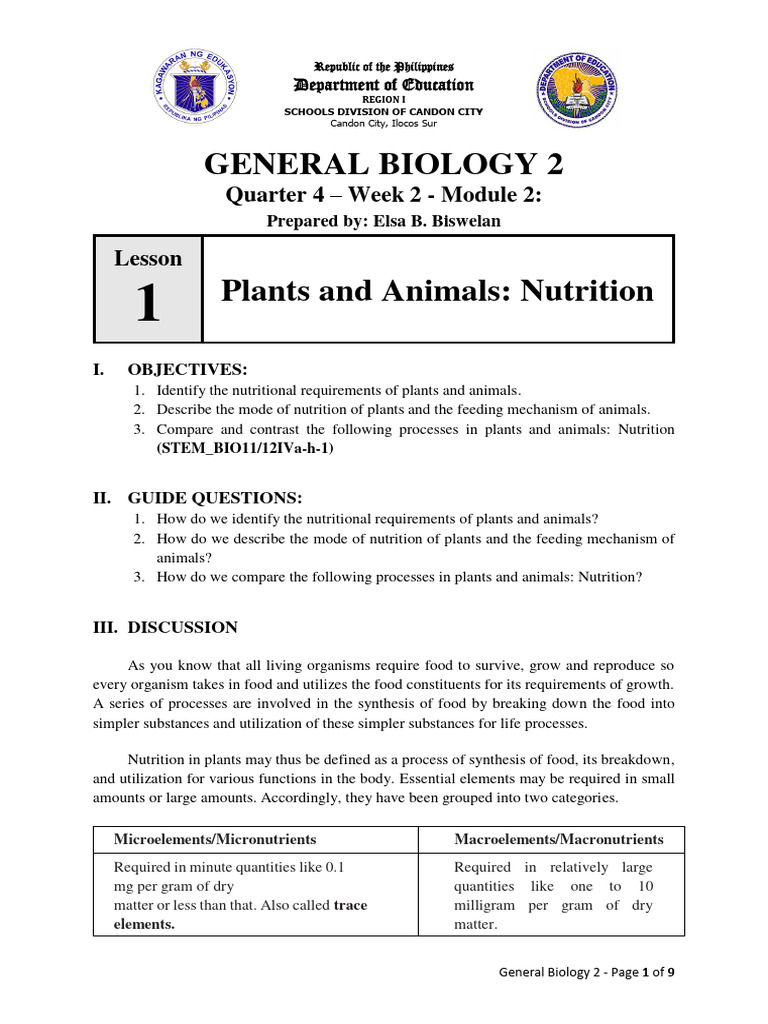 General Biology 2 - Q4 - W2 - M2 - LD - Plants-and-Animals-Nutrition ...