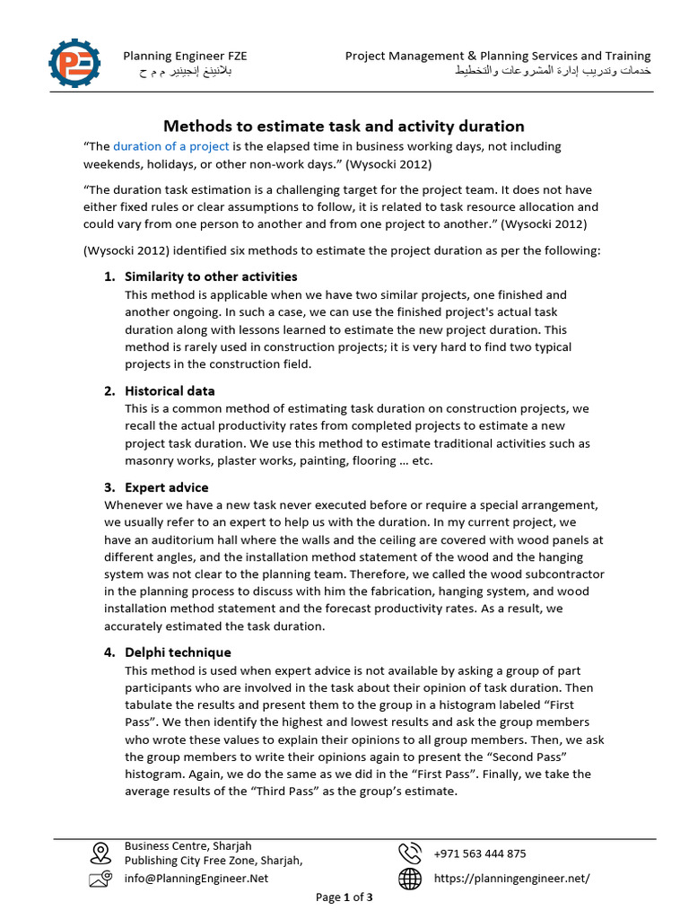 Methods To Estimate Task And Activity Duration Pdf Pdf Project Management