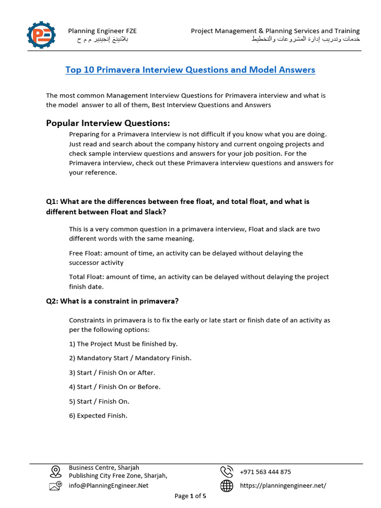 Top 10 Primavera P6 Interview Questions | Download Free PDF | Project ...