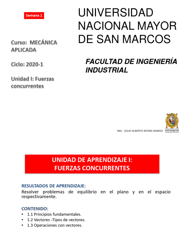 Estatica - S01 - Vectores - Fuerza - Clase-01 UNMSM-JR | PDF | Vector Euclidiano | Física