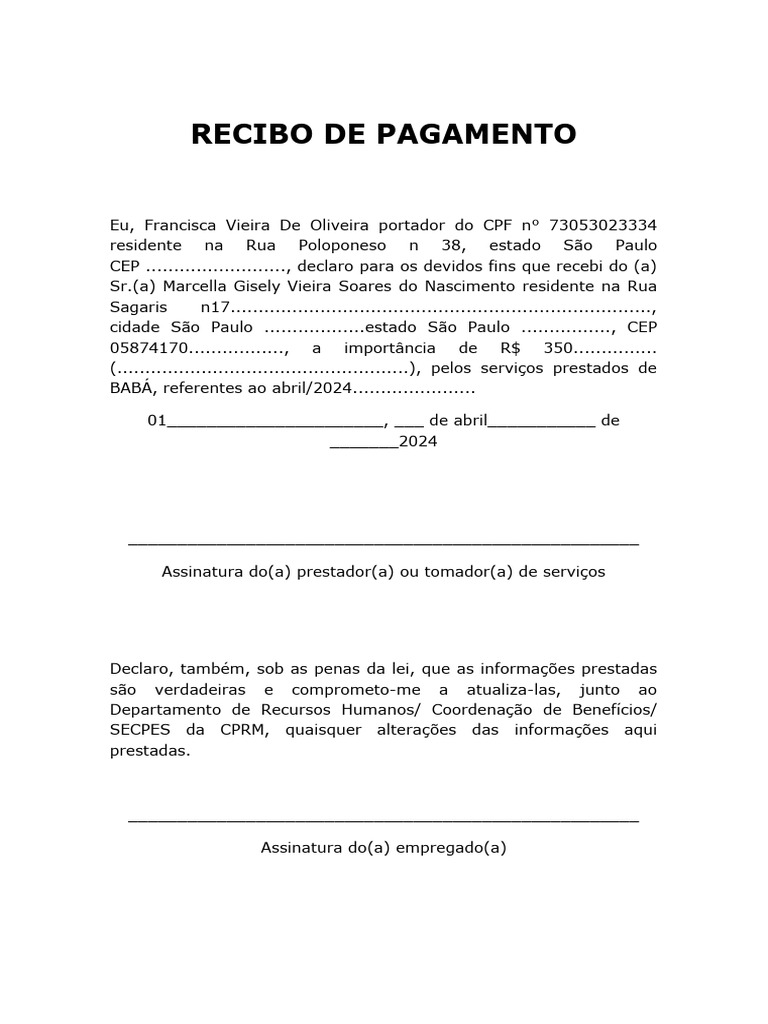 Recibo Pagamento Baba | PDF