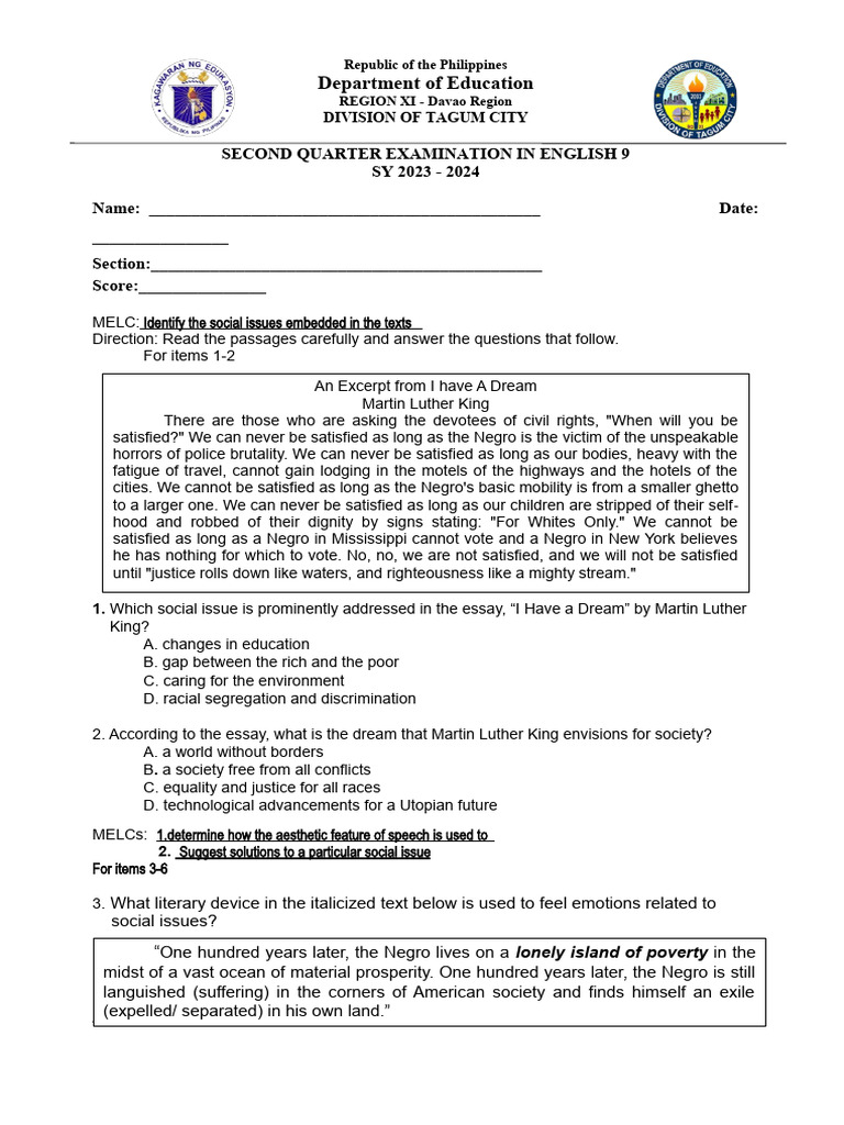 Grade 9 - English 2nd Quarter Assessment | PDF | Adolescence | Mental ...