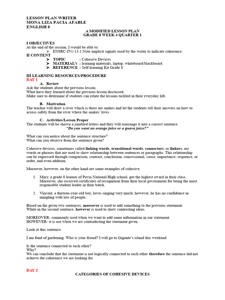 Lesson Plan Grade8 W4 Q1 | PDF | Learning | Chemical Substances