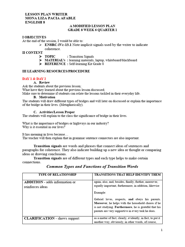 Grade 8 Lesson Plan: Transition Signals | PDF | Learning | Mind