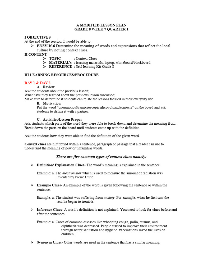Lesson Plan Grade8 W7 Q1 | PDF