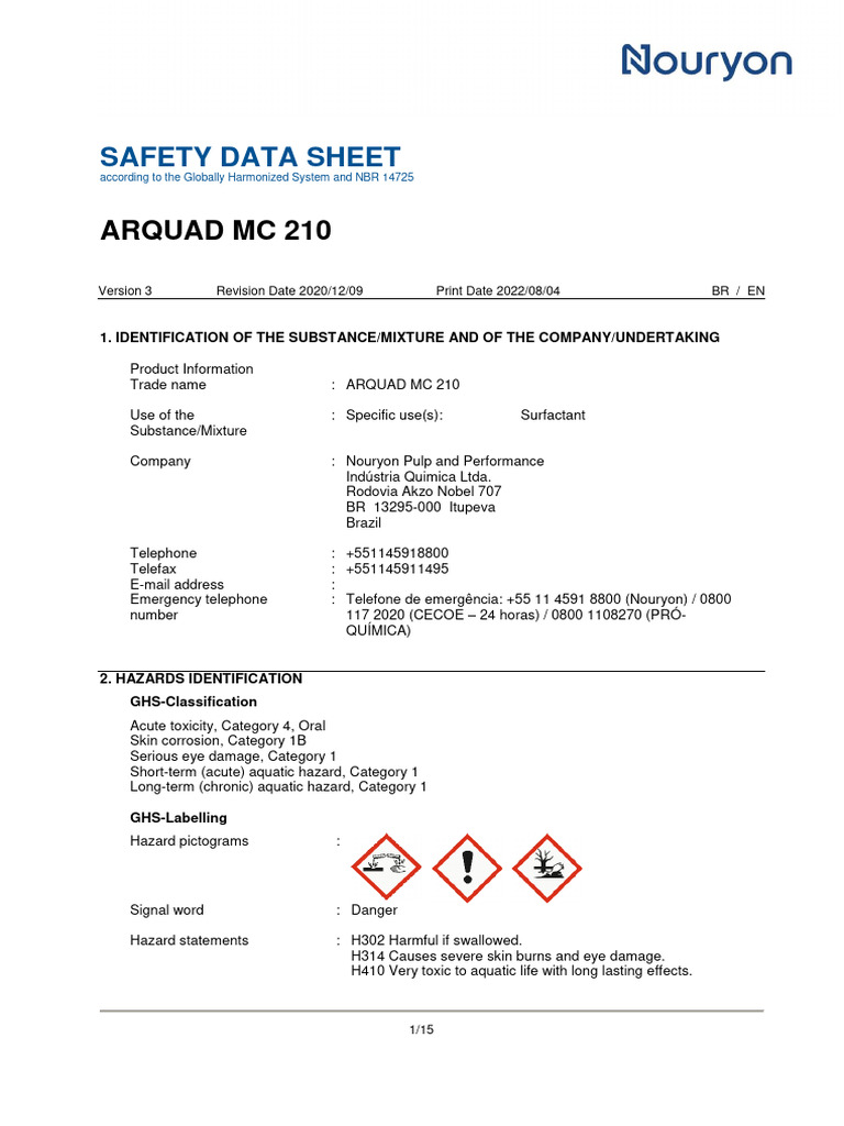 FISPQ Arquad MC 210 | PDF | Dangerous Goods | Toxicity