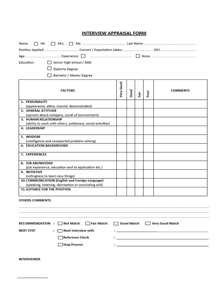 Interview Appraisal Form Template | PDF