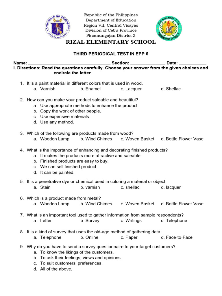 Industrial Arts - EPP 6 - Periodical Test | PDF | Drawing | Crafts