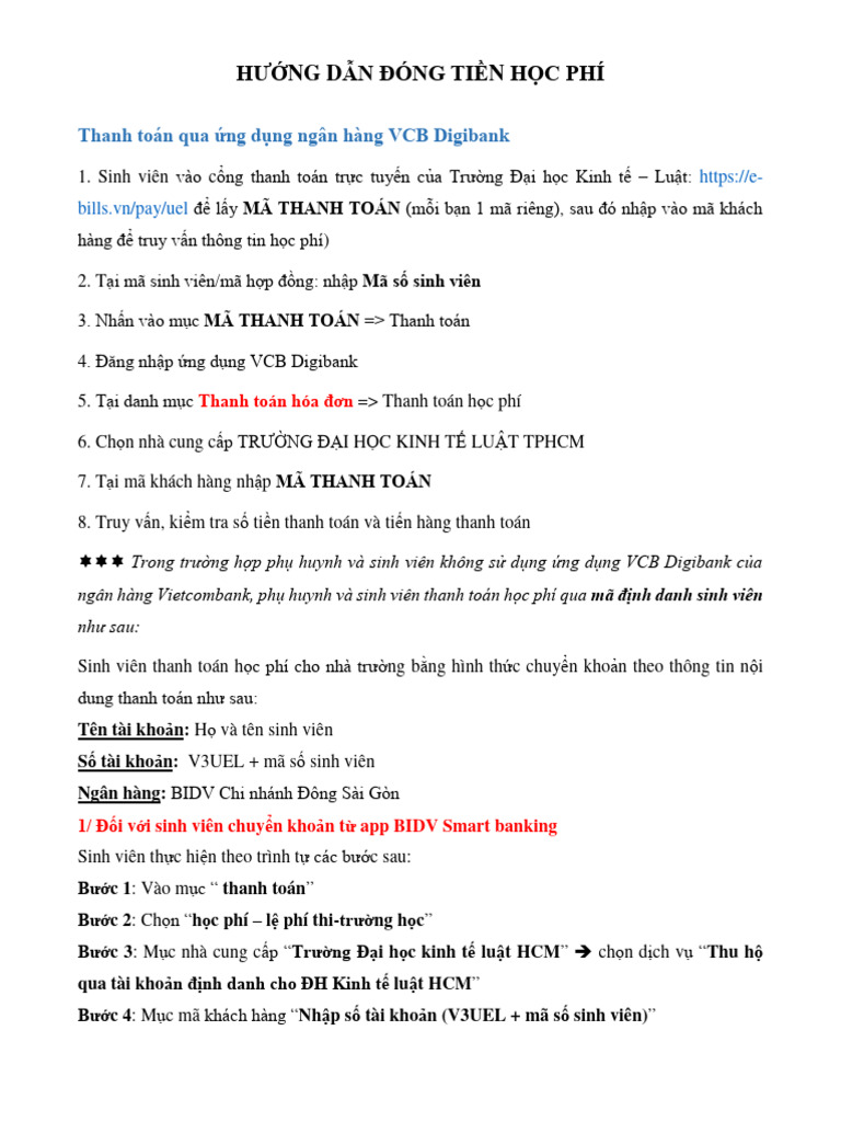 Hướng Dẫn 2 - Đóng Tiền Qua Ngân Hàng VCB | PDF