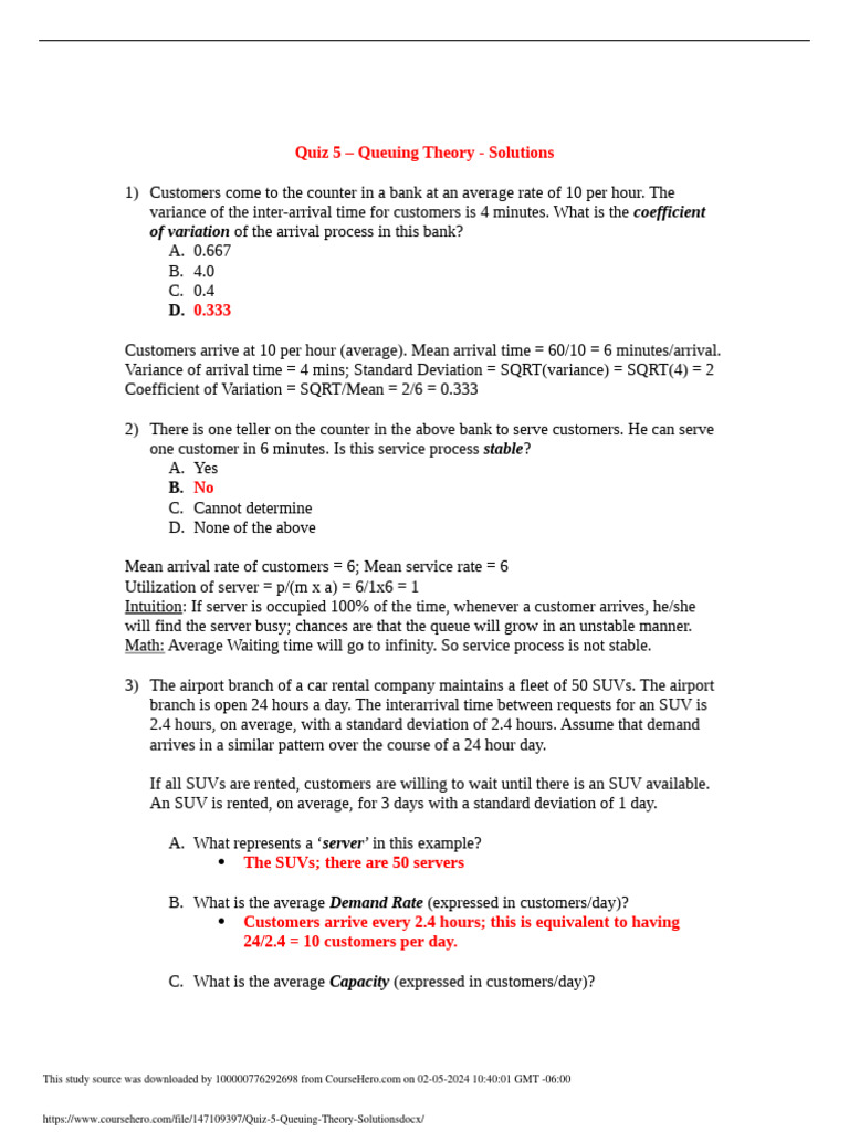Quiz 5 Queuing Theory Solutions | PDF