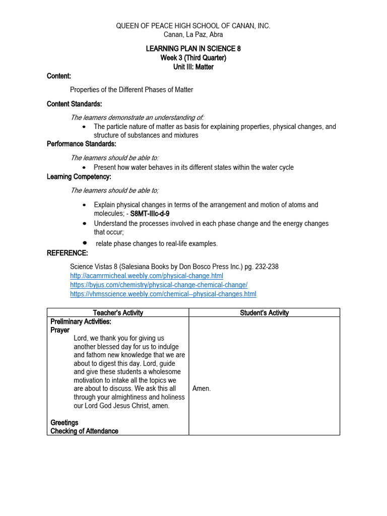 Latest Leeson Plan Week 1 | PDF | Chemical Substances | Matter