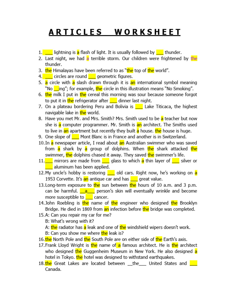Articles Worksheet | PDF