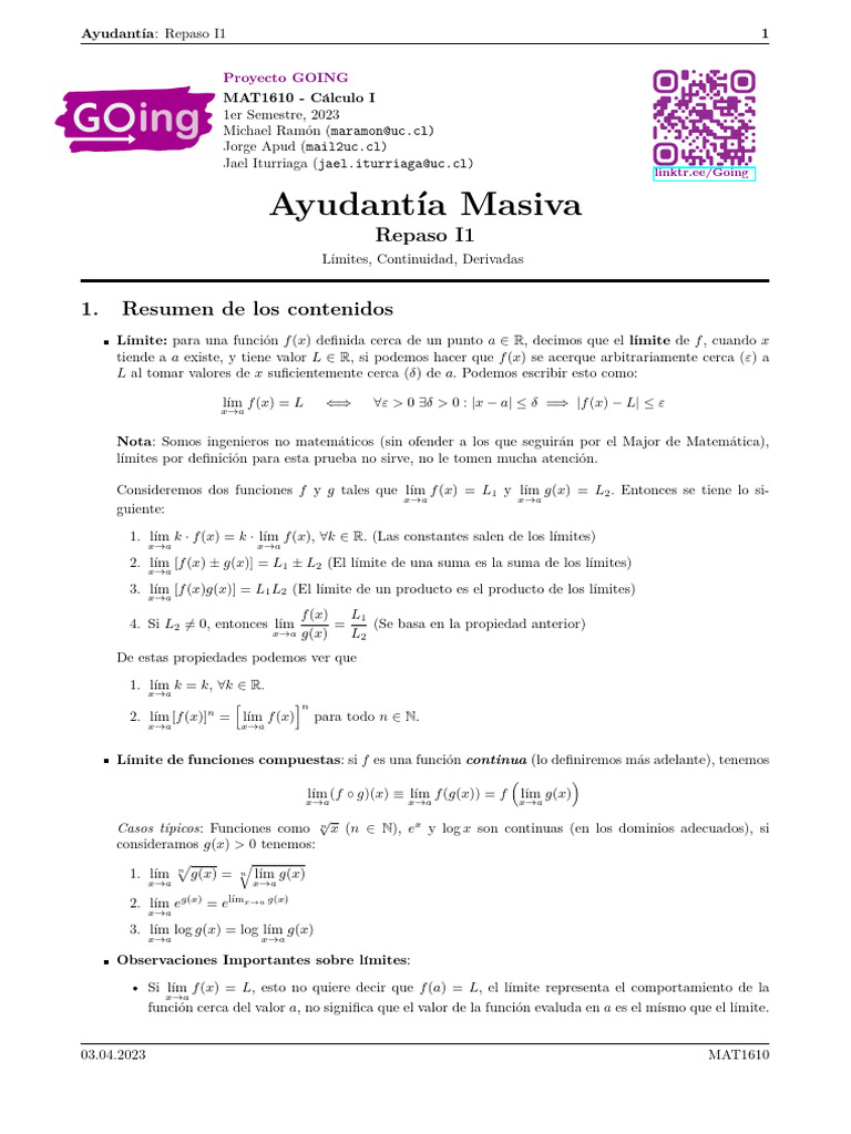 Ayudant A Masiva Calculo 1 Going 2023 | PDF | Función continua | Función (Matemáticas)
