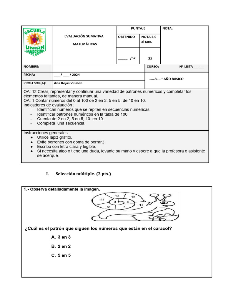 Plantilla Evaluación Sumativa 3 Basico Matematicas | PDF