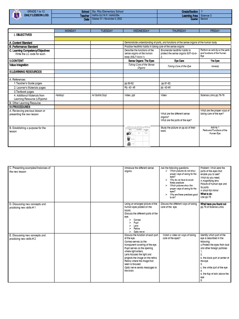 DLL ESP SCIENCE Q2 Week1 | PDF | Eye | Learning
