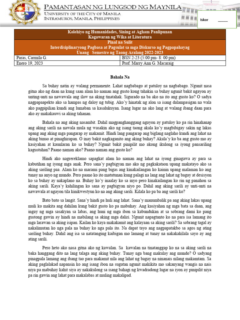 Bahala Na: Iskor | PDF