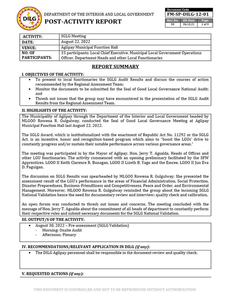 Post Activity Report - SGLG Meeting | PDF | Government