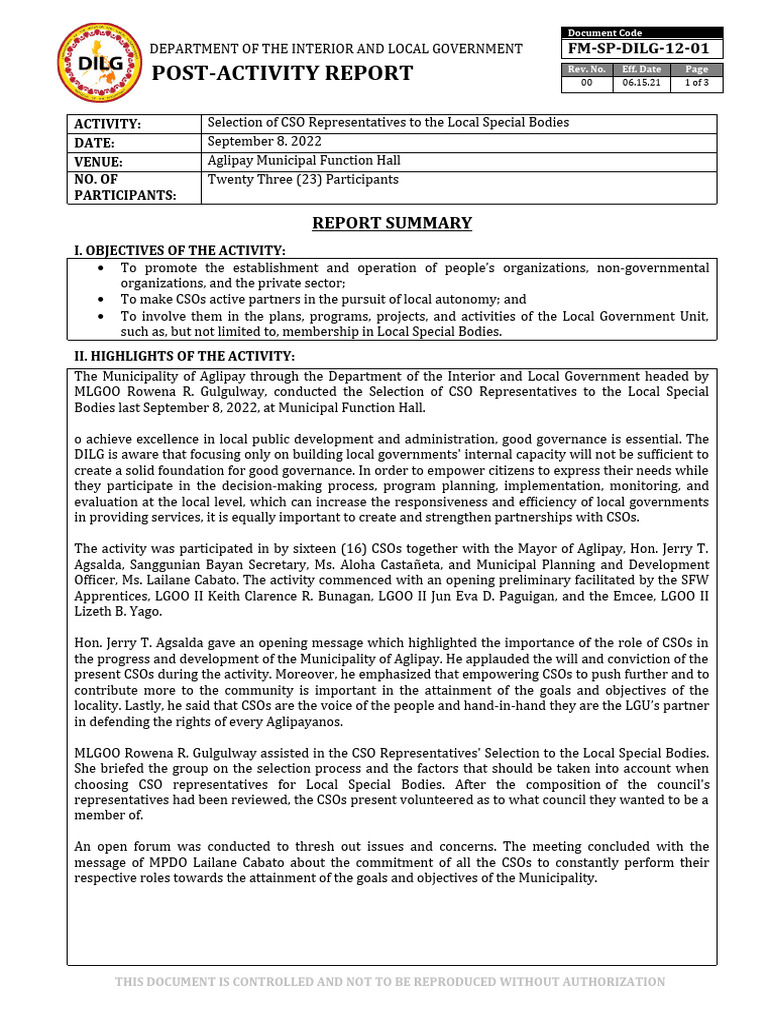 Post Activity Report - Selection of CSOs To Local Special Bodies | PDF ...